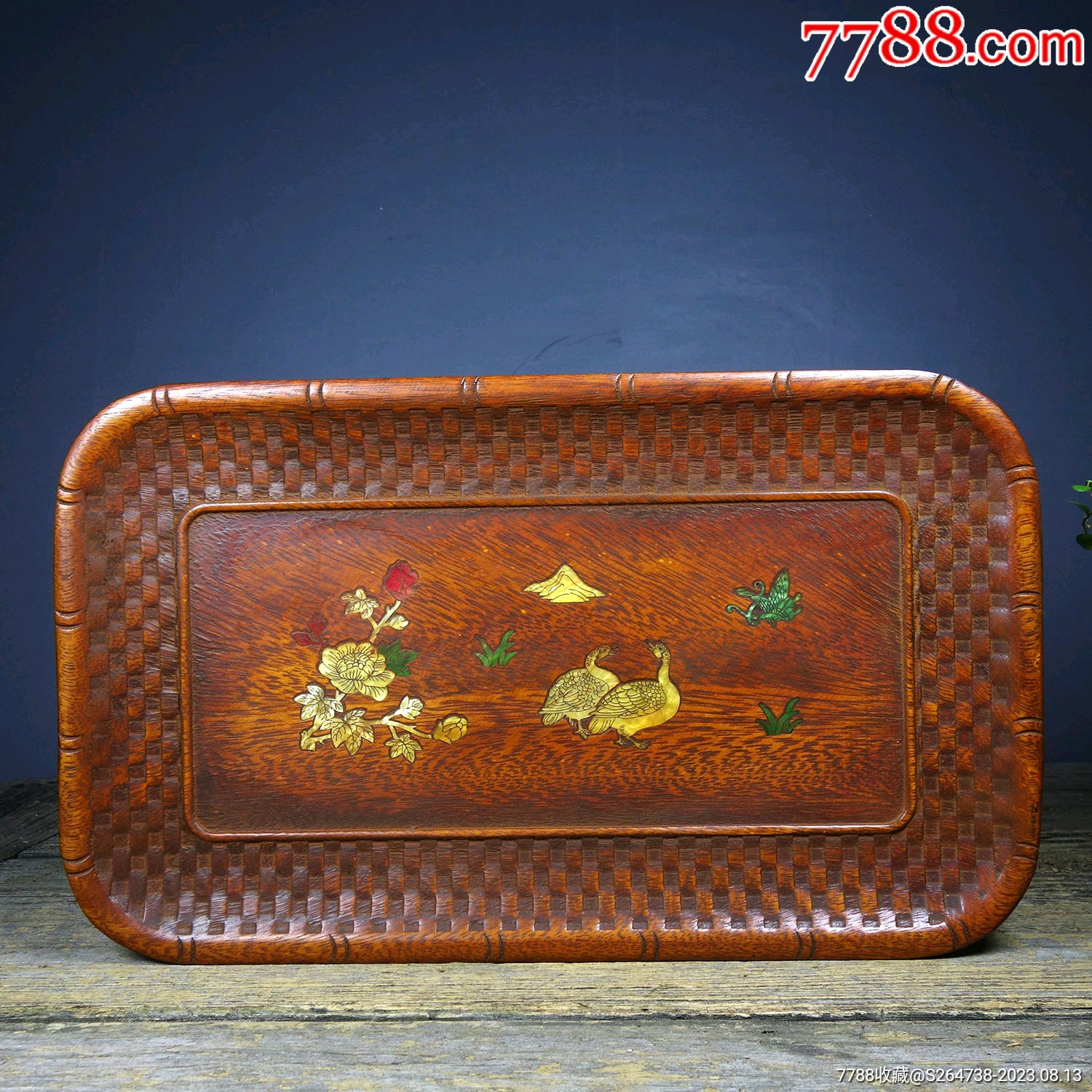 旧藏花梨木镶嵌贝壳茶盘盘子尺寸：长35cm宽21cm高2cm-价格:199元-au34960379-茶盘/茶案 -加价-7788收藏__收藏热线