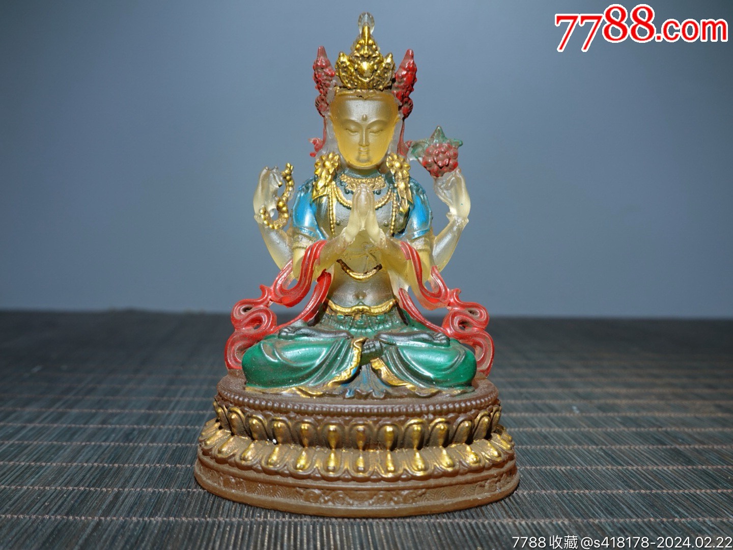 旧藏彩绘琉璃四臂佛像，长9cm，宽7cm，高13cm，重468g，-价格:299元-au36911963-琉璃像 -加价-7788收藏__收藏热线