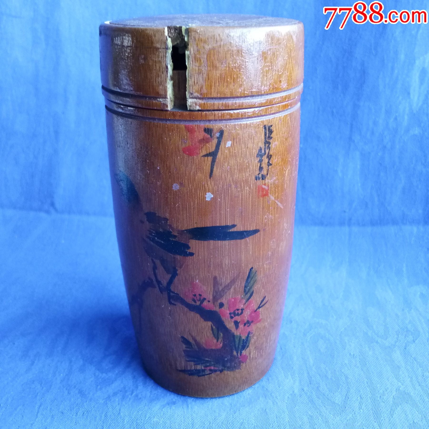 5678精品创汇期7080年代竹子茶叶罐大漆手绘花鸟枝头求友传统吉祥美好图案-价格:190元-au39061095-茶叶罐/盒 -加价-7788收藏__收藏热线